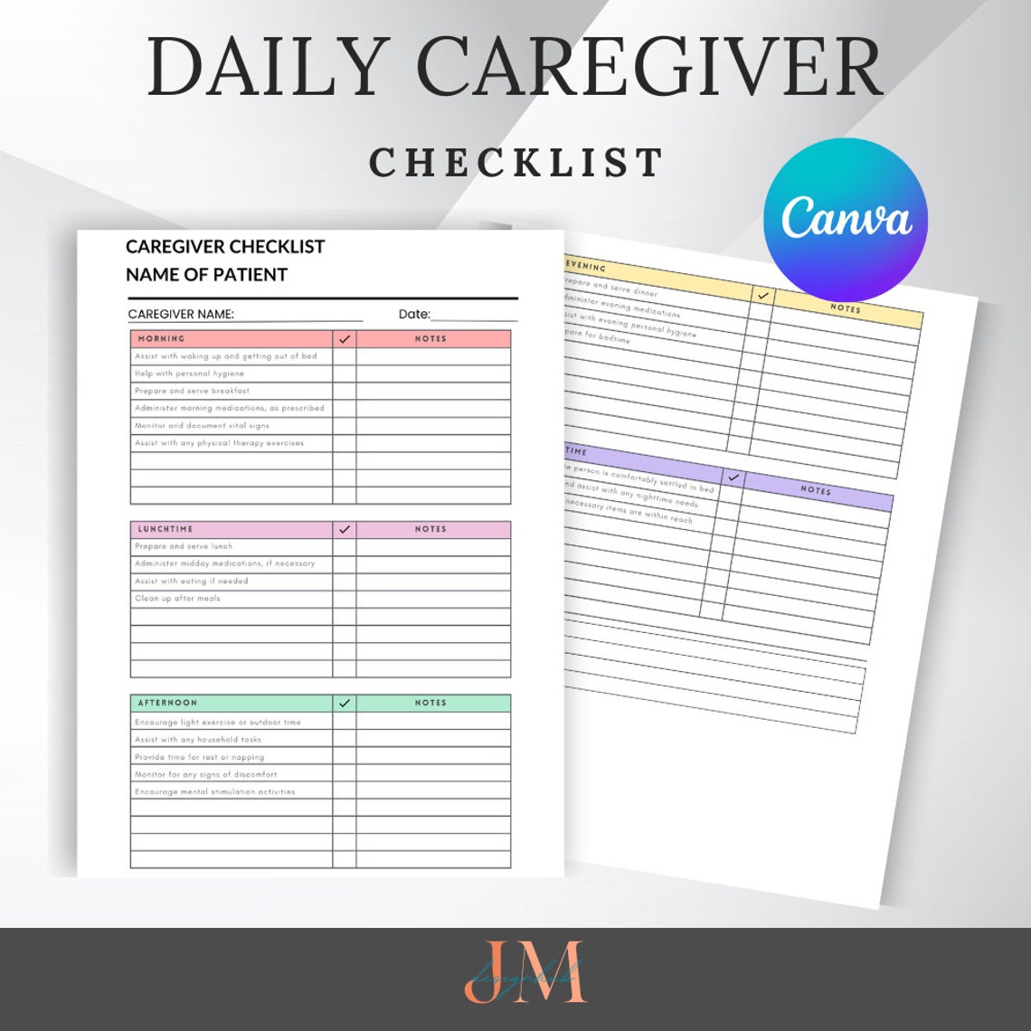 Caregiver Checklist Editable Template, Daily Log Planner, Medical ...