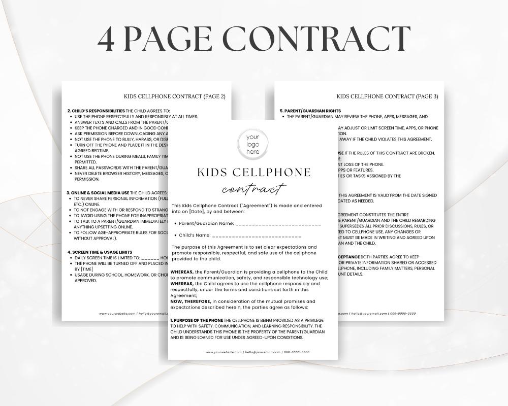 Cell Phone Contract for Teens and Kids – Printable & Editable Agreement ...