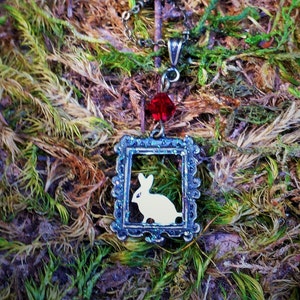 White Rabbit and Red Crystal Necklace, Hand Painted White Rabbit With ...
