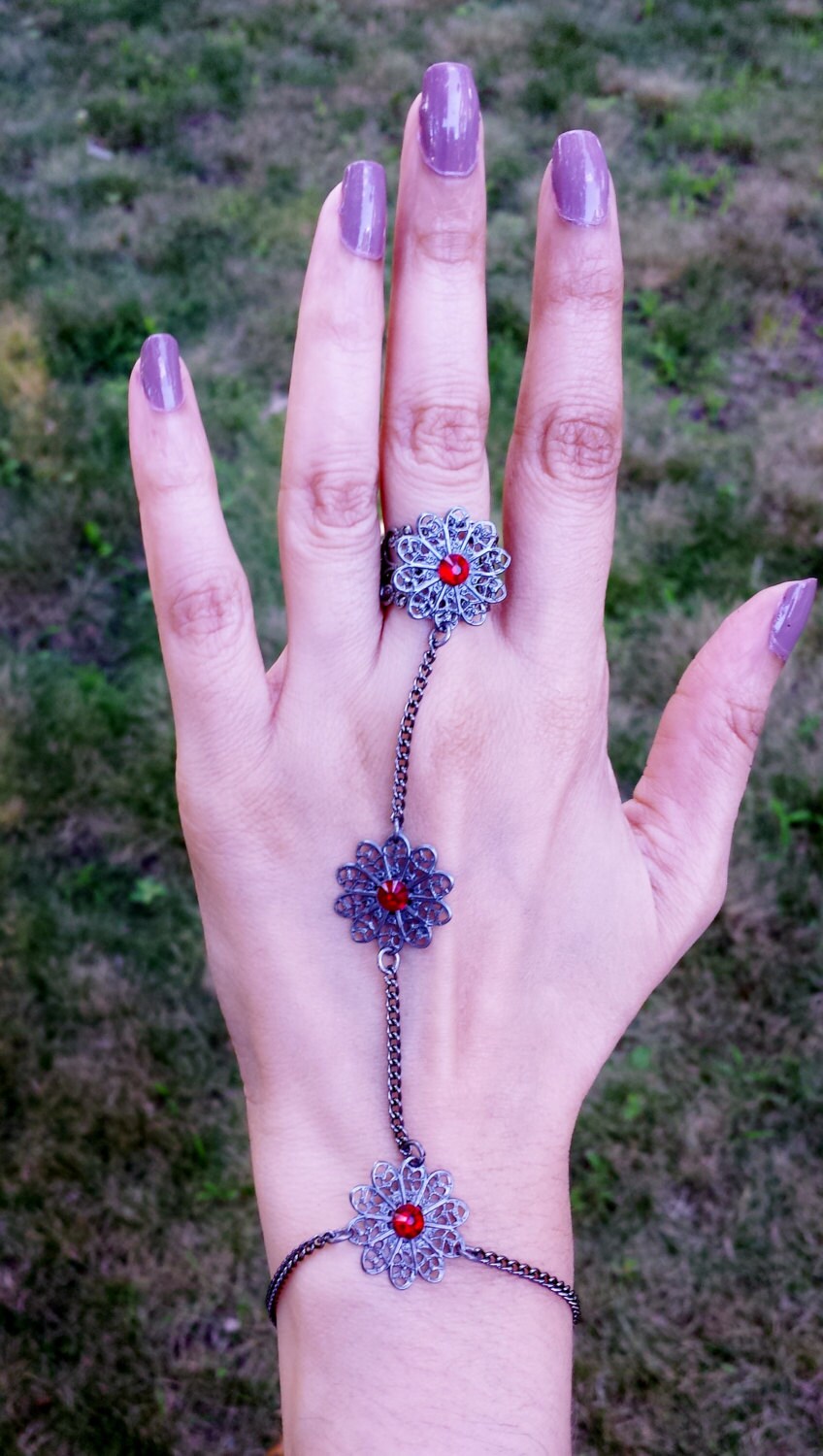 Triple Flower Hand Bracelet With Deep Red Crystals Flower and - Etsy