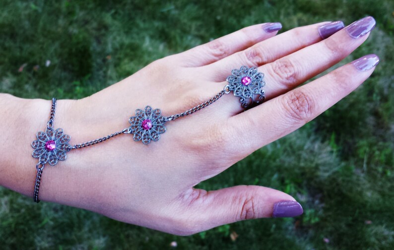 Triple Flower Hand Bracelet With Dark Pink Crystals Flower - Etsy