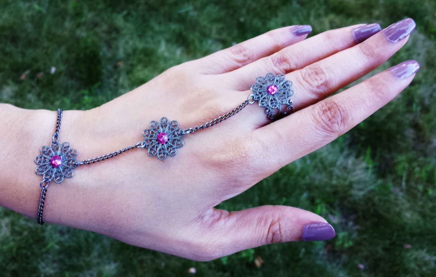 Triple Flower Hand Bracelet With Dark Pink Crystals Flower - Etsy