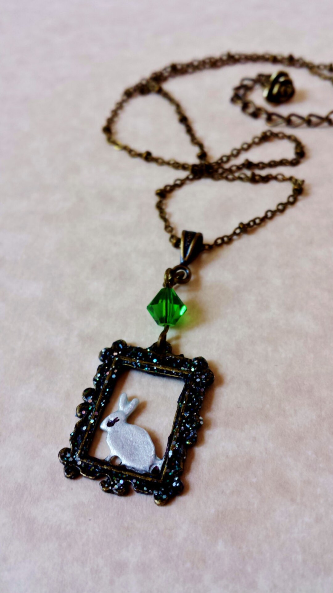 White Rabbit and Green Crystal Necklace, Hand Painted White Rabbit With ...