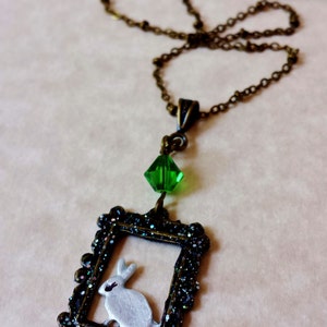 White Rabbit and Green Crystal Necklace, Hand Painted White Rabbit With ...