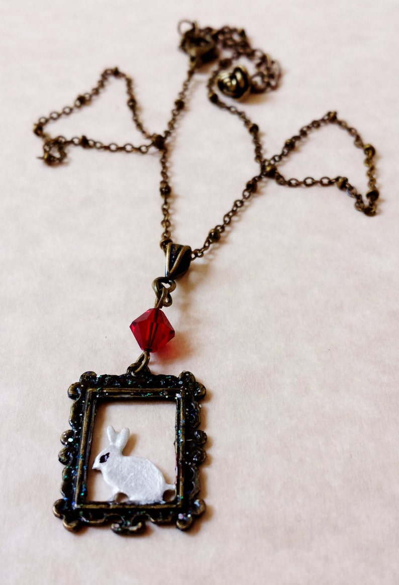 White Rabbit and Red Crystal Necklace, Hand Painted White Rabbit With ...