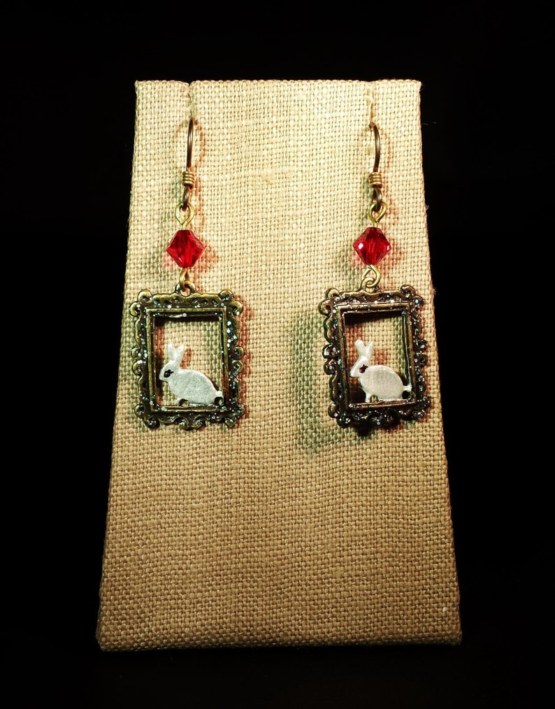 White Rabbit Earrings, Hand Painted White Rabbits With Red Swarovski ...