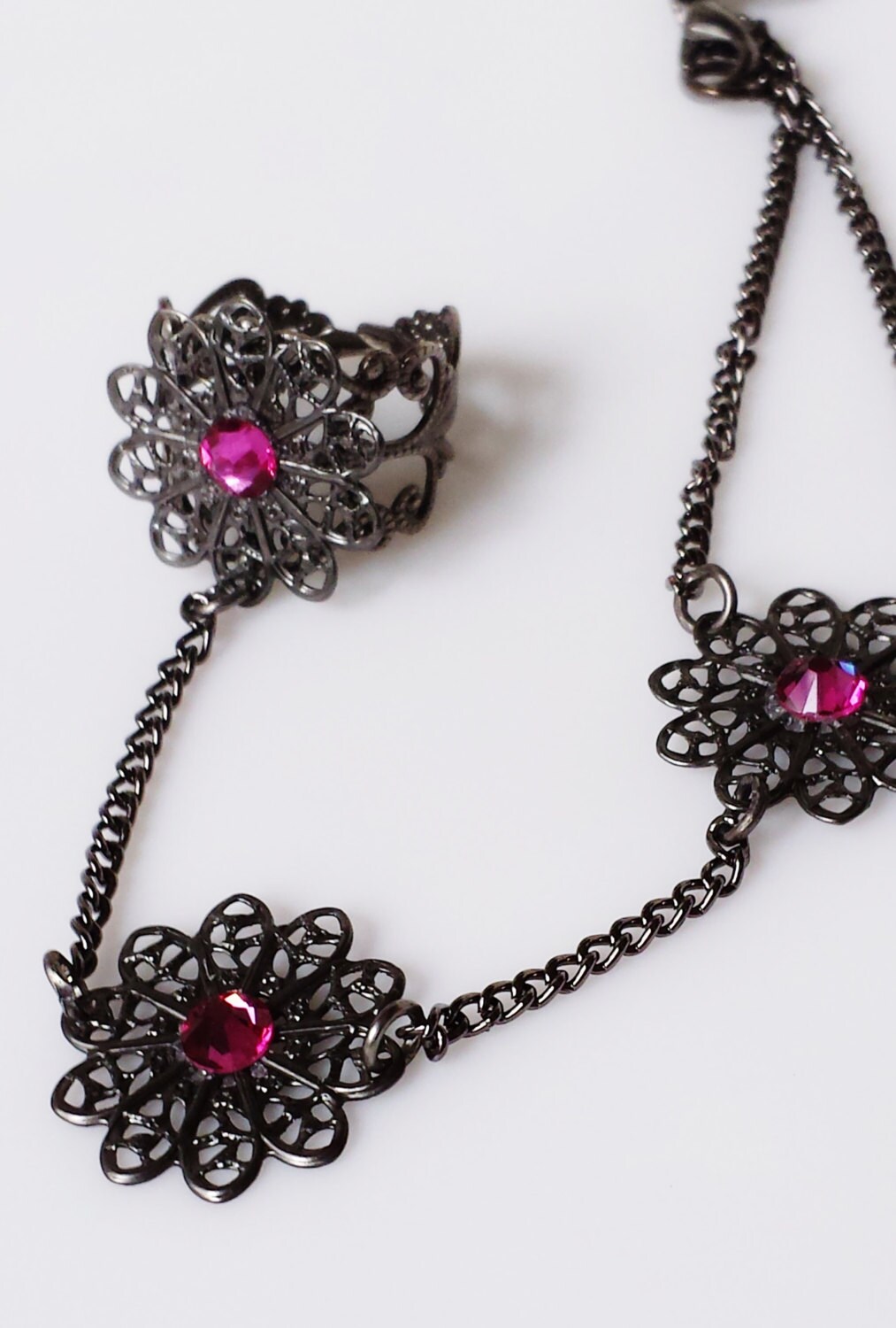 Triple Flower Hand Bracelet With Dark Pink Crystals Flower - Etsy
