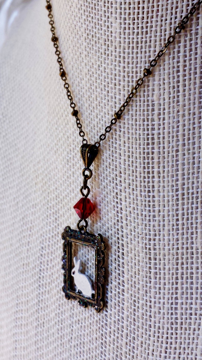 White Rabbit and Red Crystal Necklace, Hand Painted White Rabbit With ...