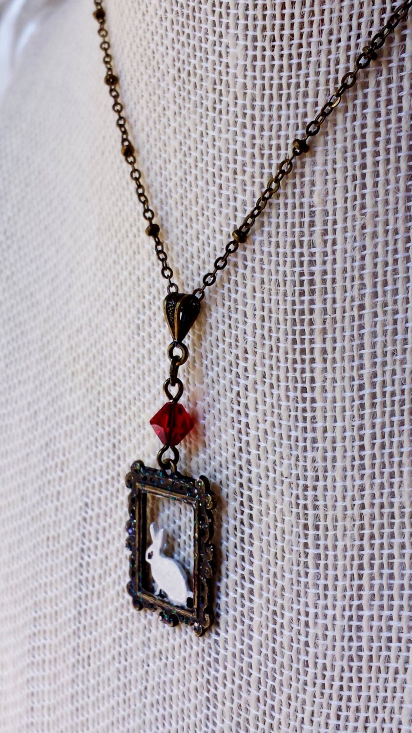 White Rabbit and Red Crystal Necklace, Hand Painted White Rabbit With ...