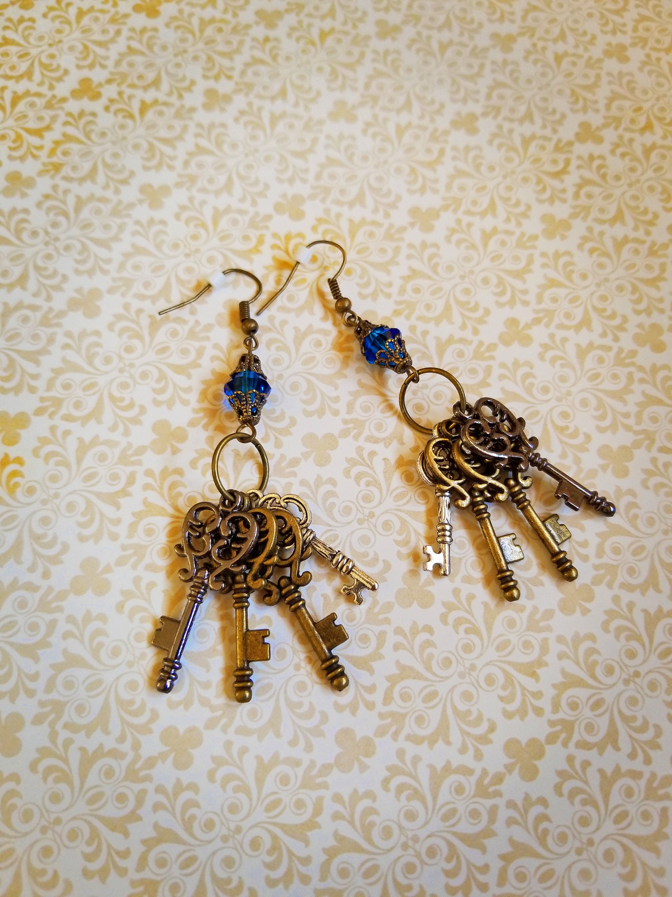 Blue Crystal Key Ring earrings. Key earrings Charming