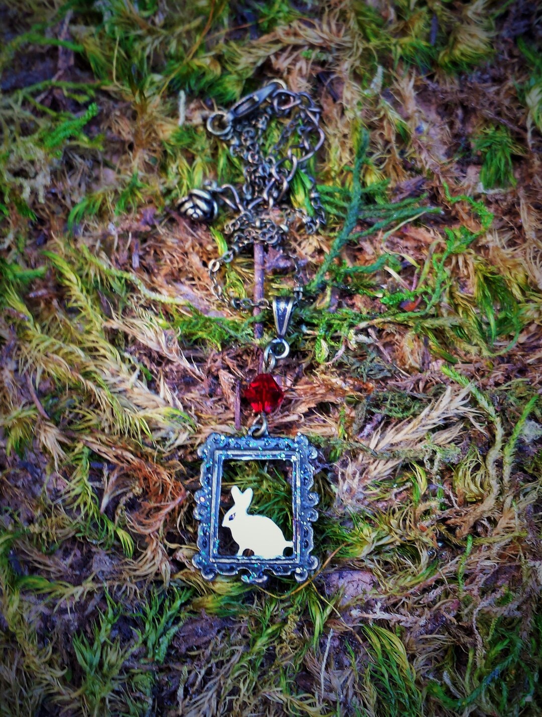 White Rabbit and Red Crystal Necklace, Hand Painted White Rabbit With ...