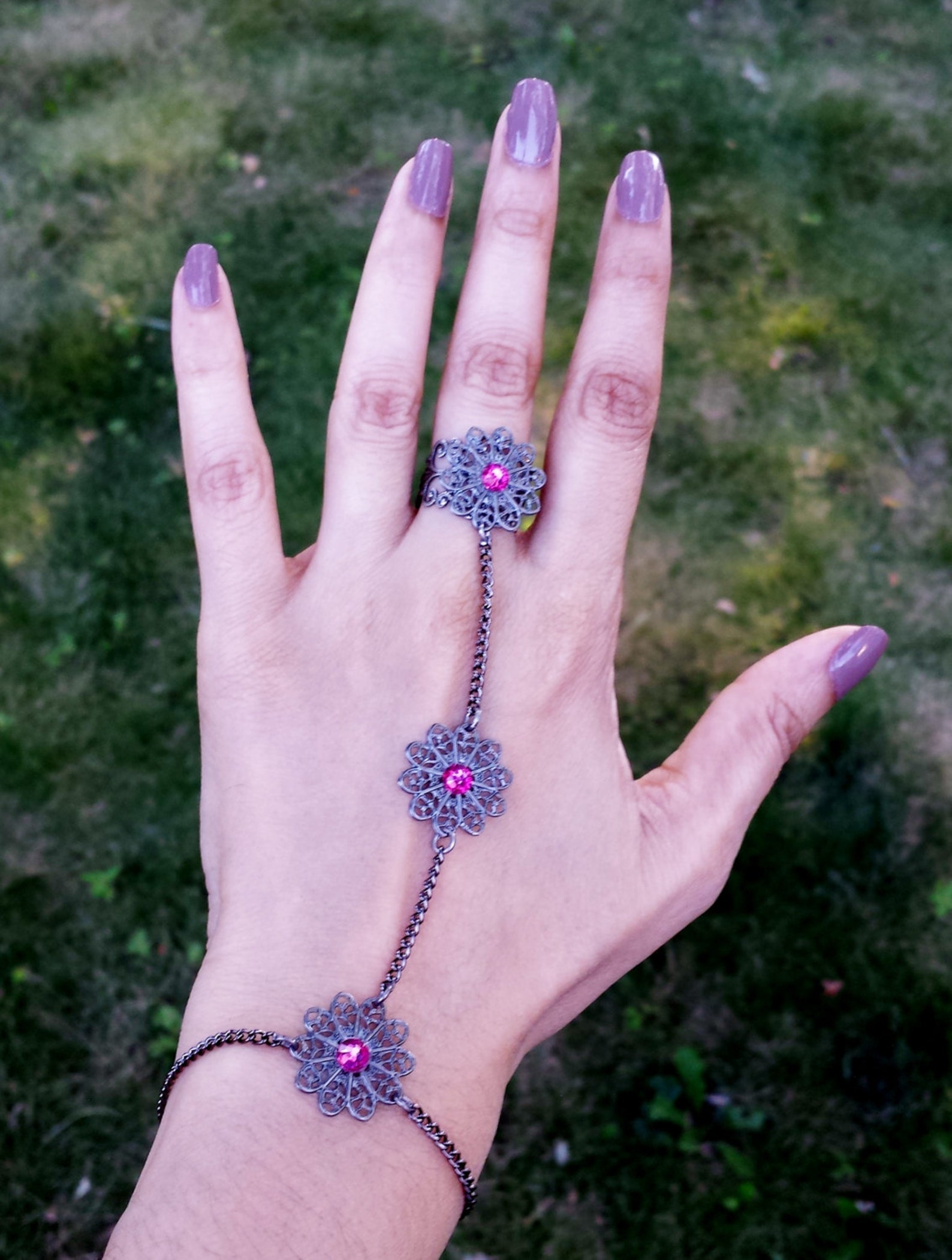 Triple Flower Hand Bracelet With Dark Pink Crystals Flower - Etsy
