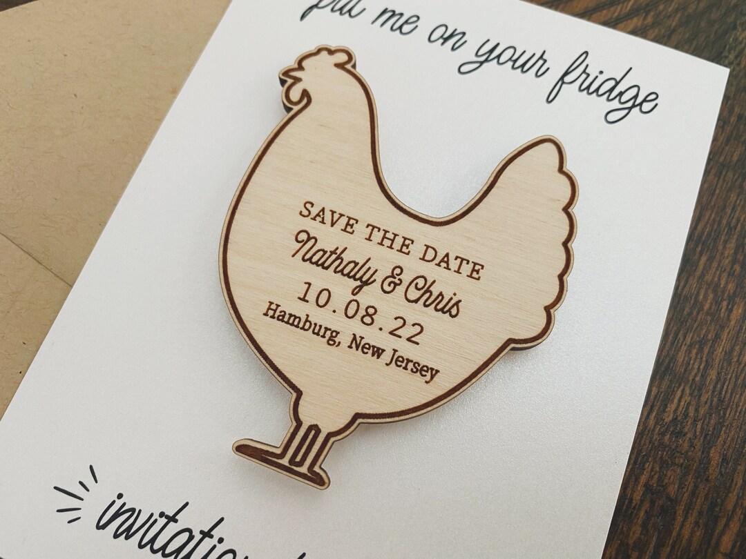 Engraved Chicken Save the Date Magnet, Custom Farm Wedding Announcement ...