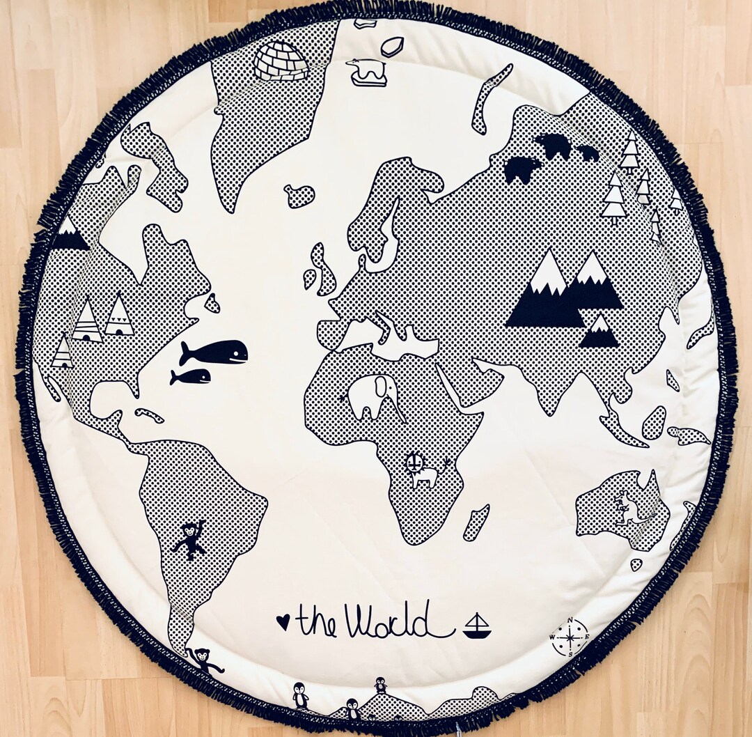 PADDED WORLD Map Play Mat Black Fringe BIG Round Mat - Etsy Australia