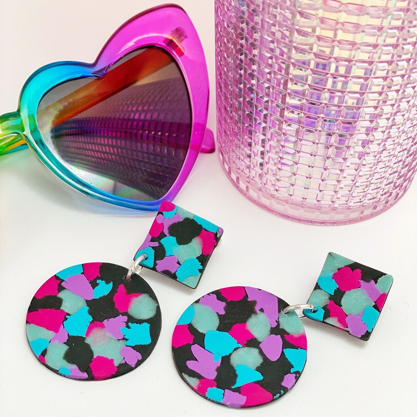 Glow in the Dark Clay Earrings, Circle Drop Studs, Splotchy Design ...