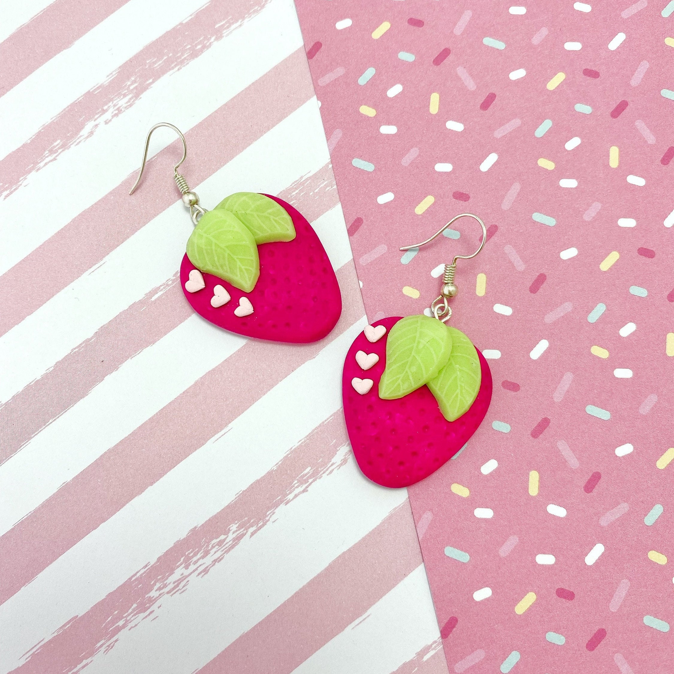 Pink Strawberry Dangle Earrings Handmade Statement Earrings - Etsy