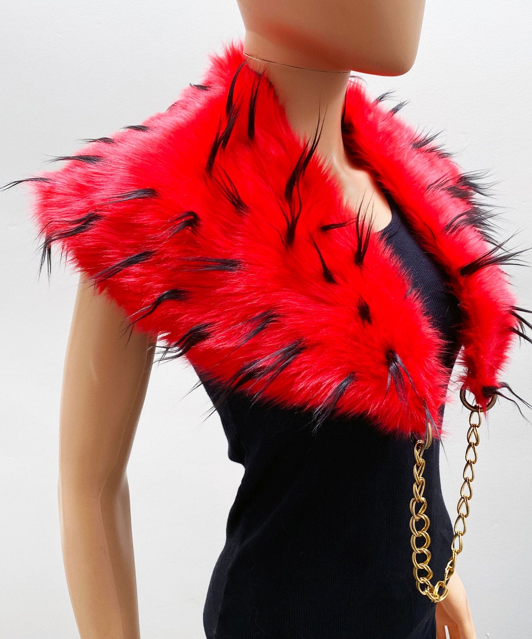 Ravishing Red and Black Ermine Style Faux Fur Collar With Chain Accent ...