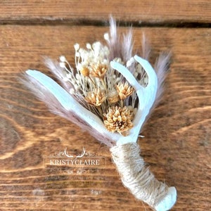 Antler Boutonniere With Dried Babysbreath, Daisy Buds, and Pampas Grass ...