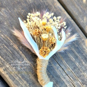 Antler Boutonniere With Dried Babysbreath, Daisy Buds, and Pampas Grass ...