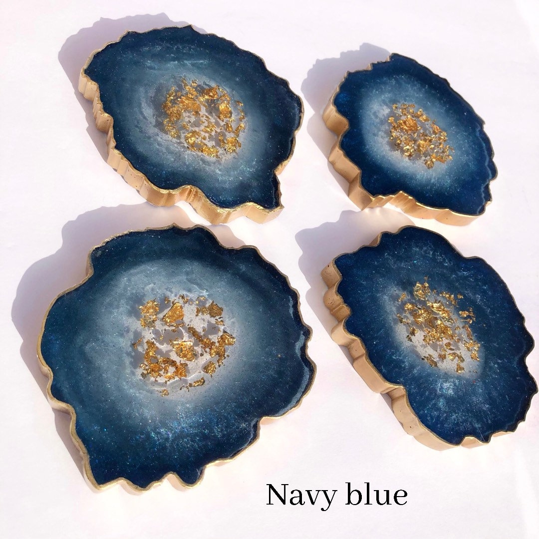 Set of 4 Resin Navy Blue Geode Agate Coasters/ Resin Geode Coaster Set ...
