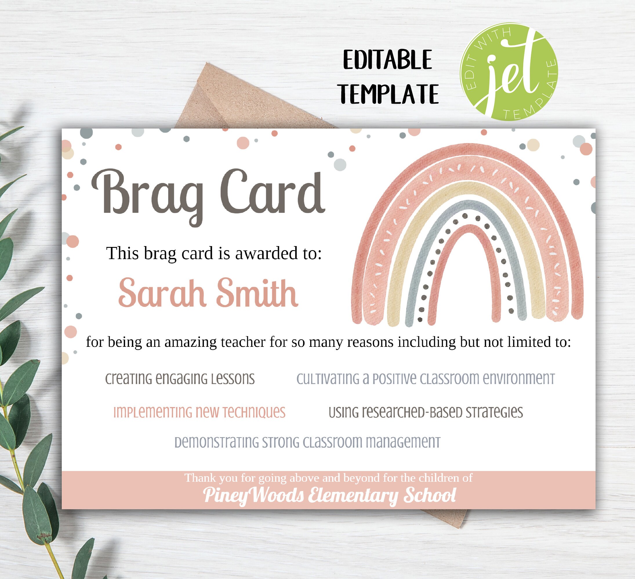 EDITABLE Brag Card for Employees, Teachers, Students, Co-workers - Positive Affirmation ...