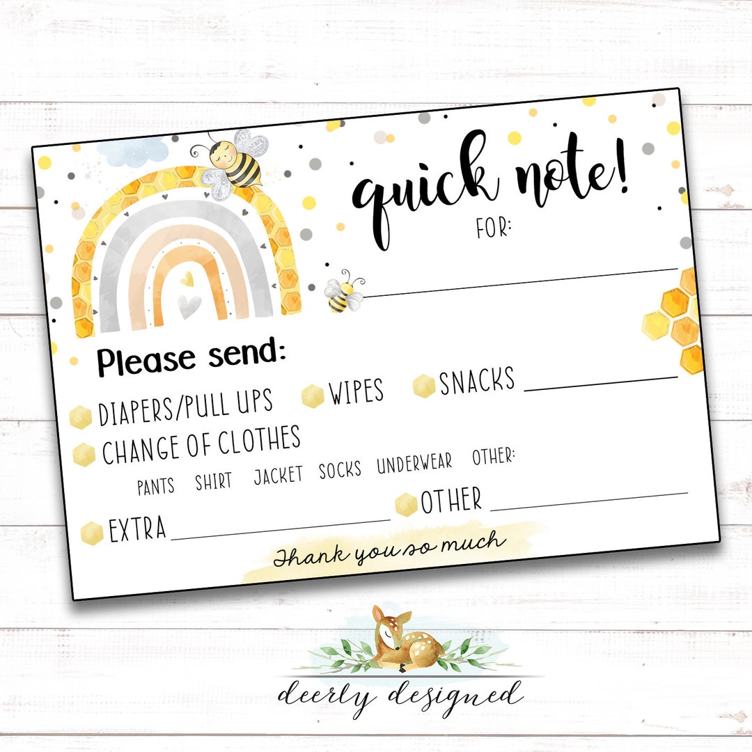 Daycare Note Home - Cute Bee Theme Daycare Card - Communication Card ...
