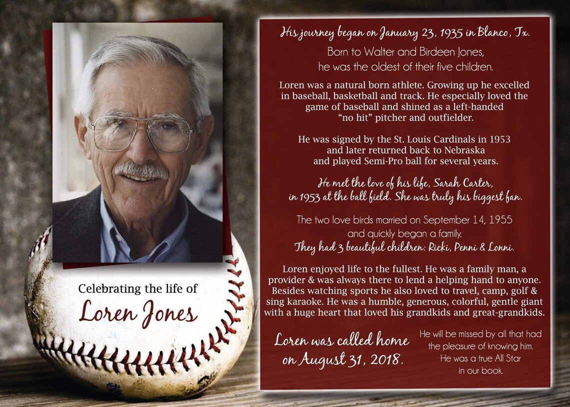 Unique Funeal Keepsake Baseball Theme Funeral Program | Obituary ...