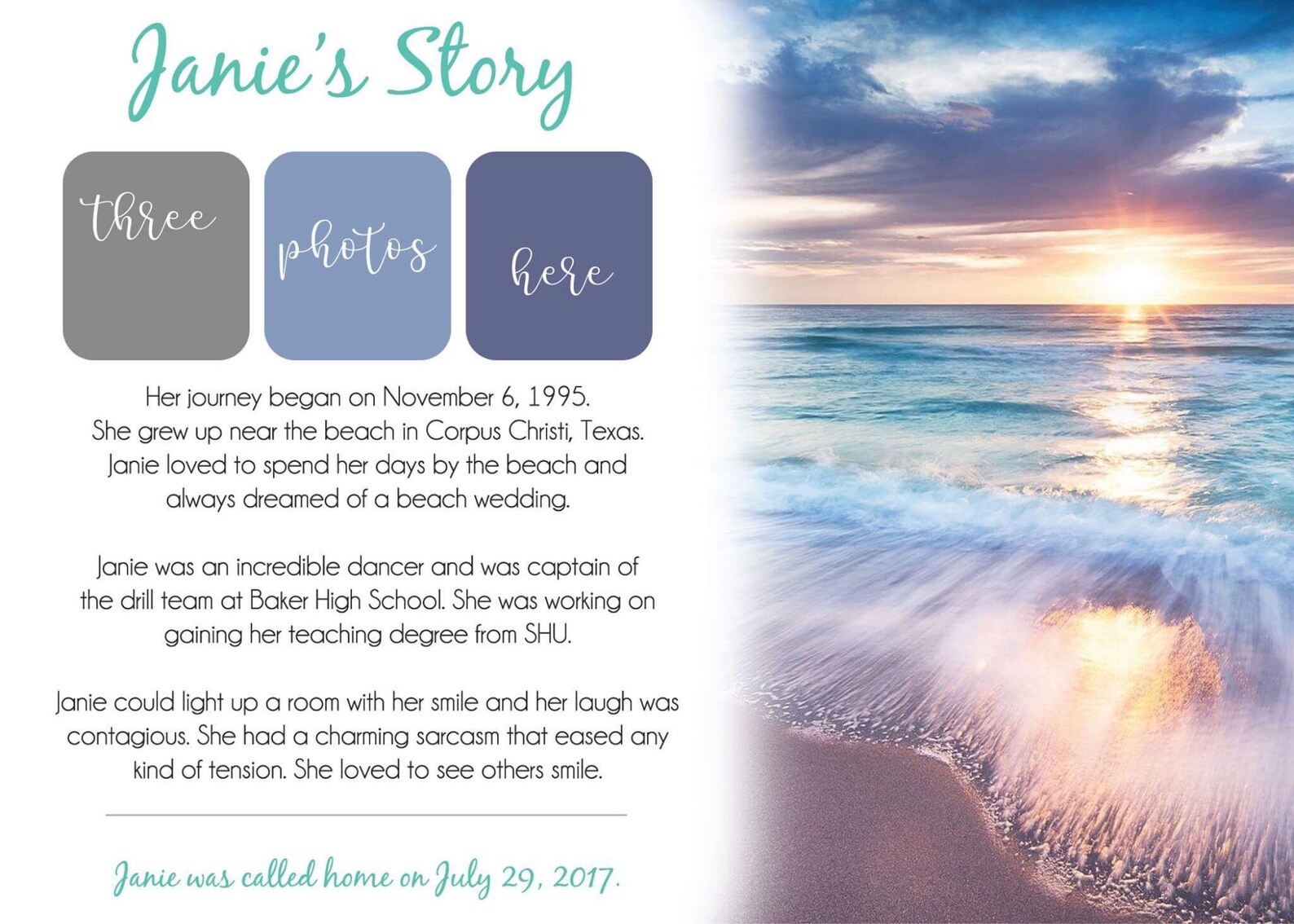 Beach Sunset Funeral Program | Printable Memorial Card | Obituary ...