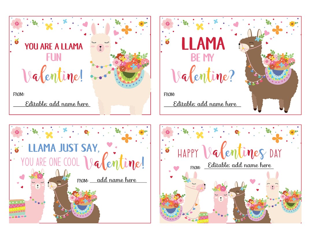 EDITABLE Llama Valentine Cards Enter Child's Name Valentine Card ...
