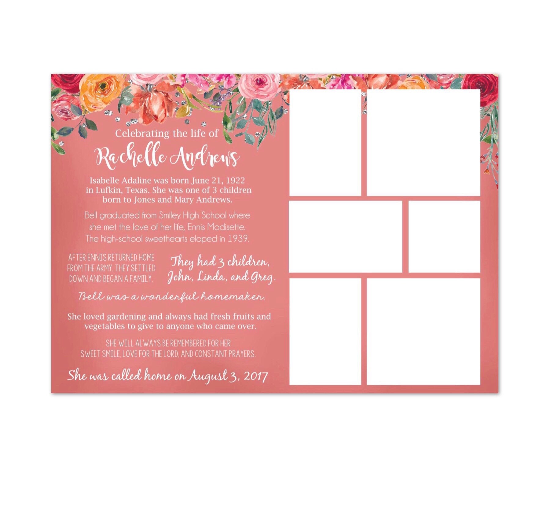 Wildflower Roses Floral Funeral Program - Pink and Peach | Memorial ...