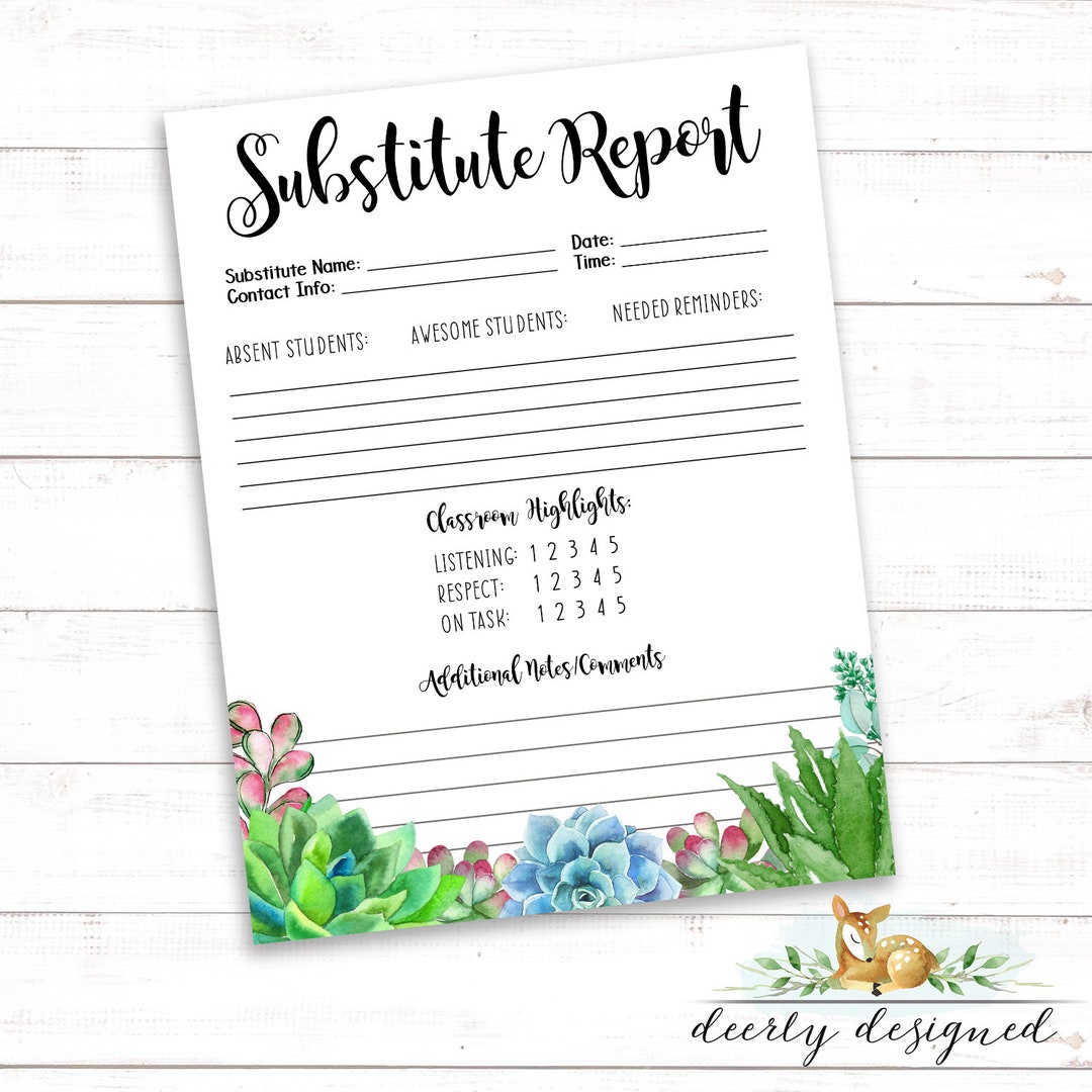Substitute Report - Succulent Teacher Decor - Sub Mail - Note From ...