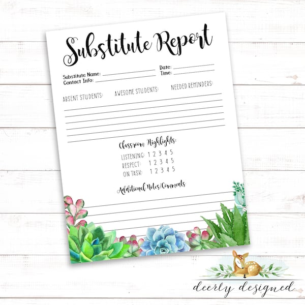 Sub Teacher Report - Etsy