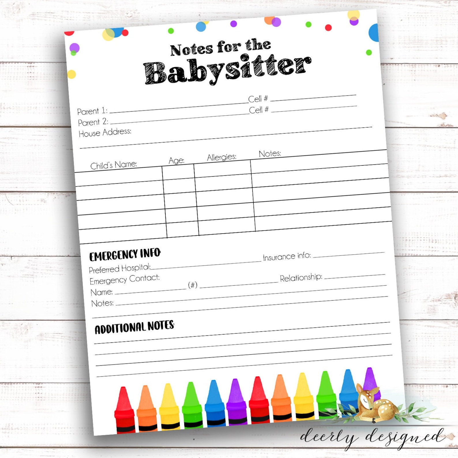 Child Info for Babysitter - Nanny - Form for Babysitter - Child ...