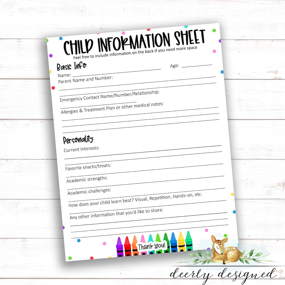 Child Info Sheet - First Day of School - New Student Information ...