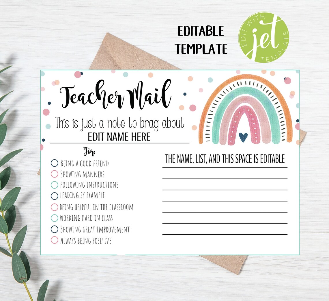 EDITABLE Boho Rainbow Teacher Mail TEMPLATE Note From the - Etsy