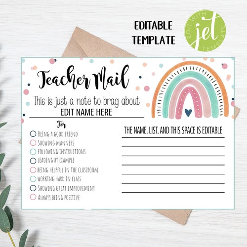 EDITABLE Note From Teacher Teacher Mail Brag Card - Etsy