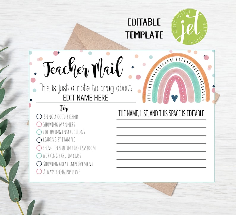 EDITABLE Boho Rainbow Teacher Mail TEMPLATE - Note From the Teacher ...