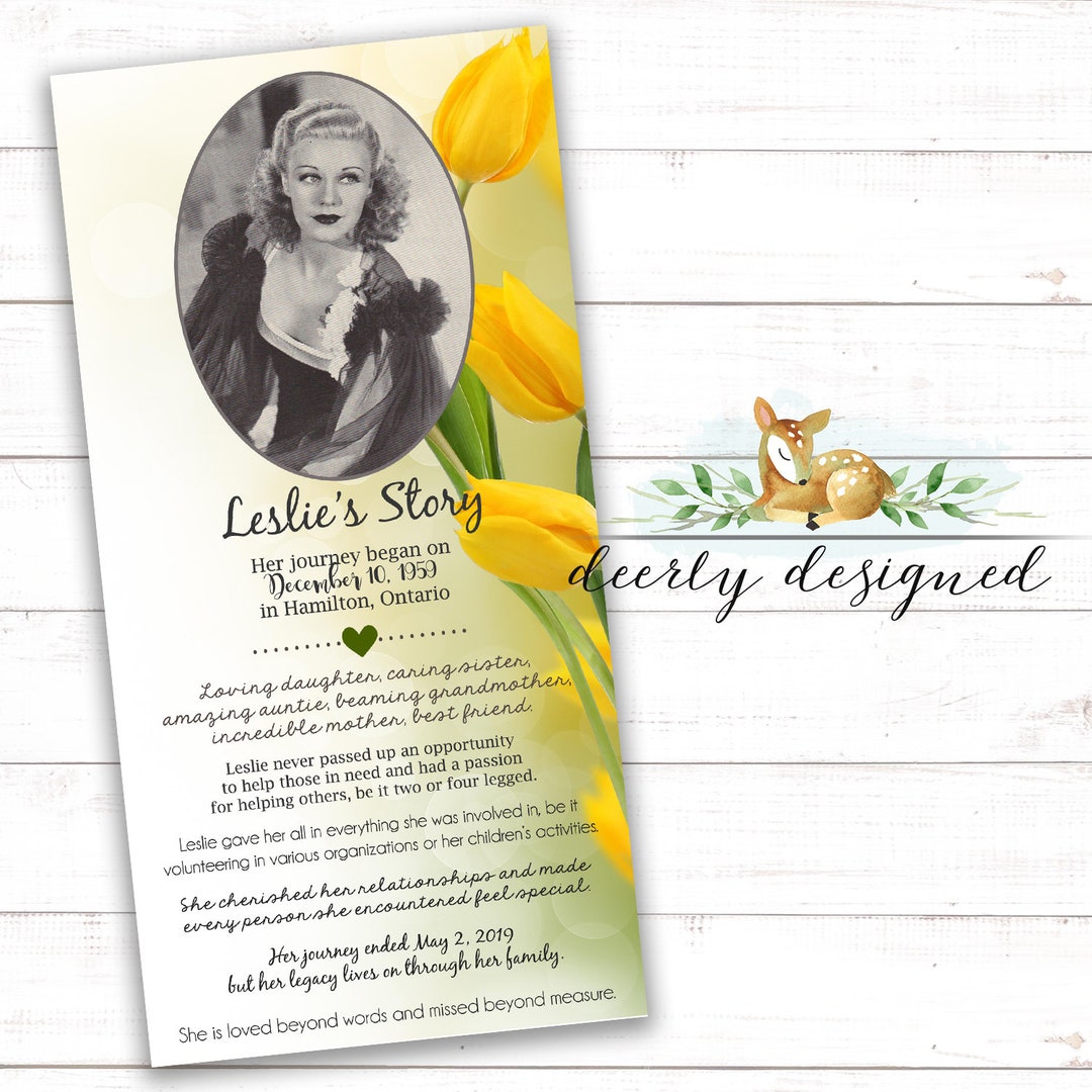 Yellow Tulip Funeral Program - Memory Card - Celebration of Life ...