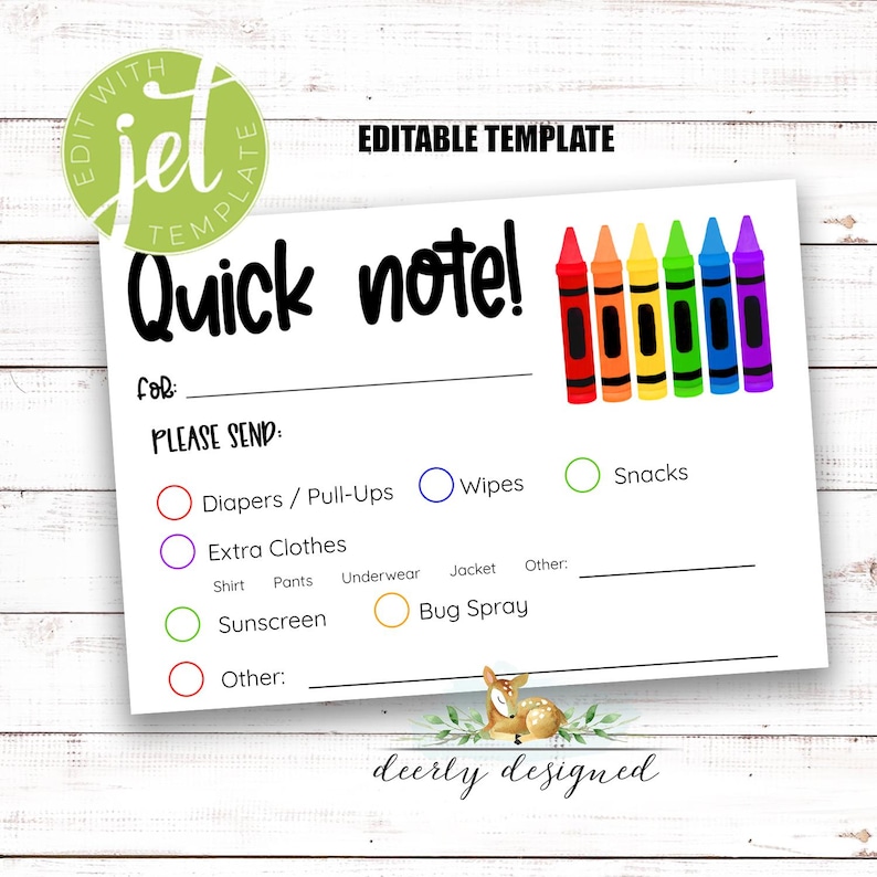 EDITABLE Quick Note Daycare Crayon Theme - Note for Home - Preschool ...