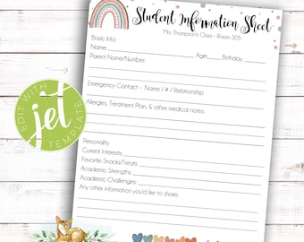 EDITABLE Student Information Sheet - New Student - Back to School ...