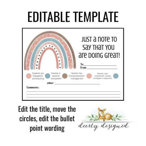 EDITABLE Boho Rainbow Teacher Feedback Card TEMPLATE Teacher - Etsy