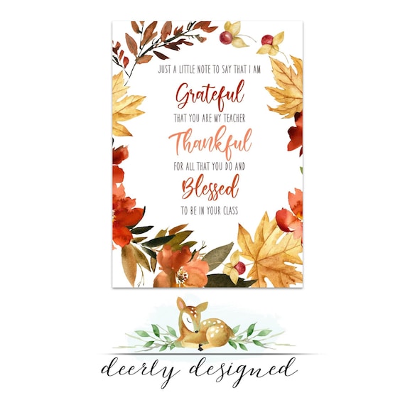 Teacher Thanksgiving Card Note Printable Thankful Grateful | Etsy