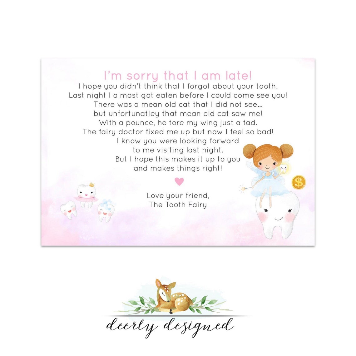 Cute Note From the Tooth Fairy - Late Excuse Toothfairy Note - Letter ...