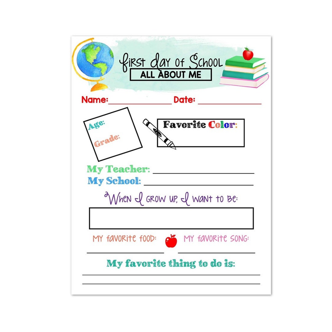 Colorful First Day of School About Me Worksheet - Teacher Printable ...