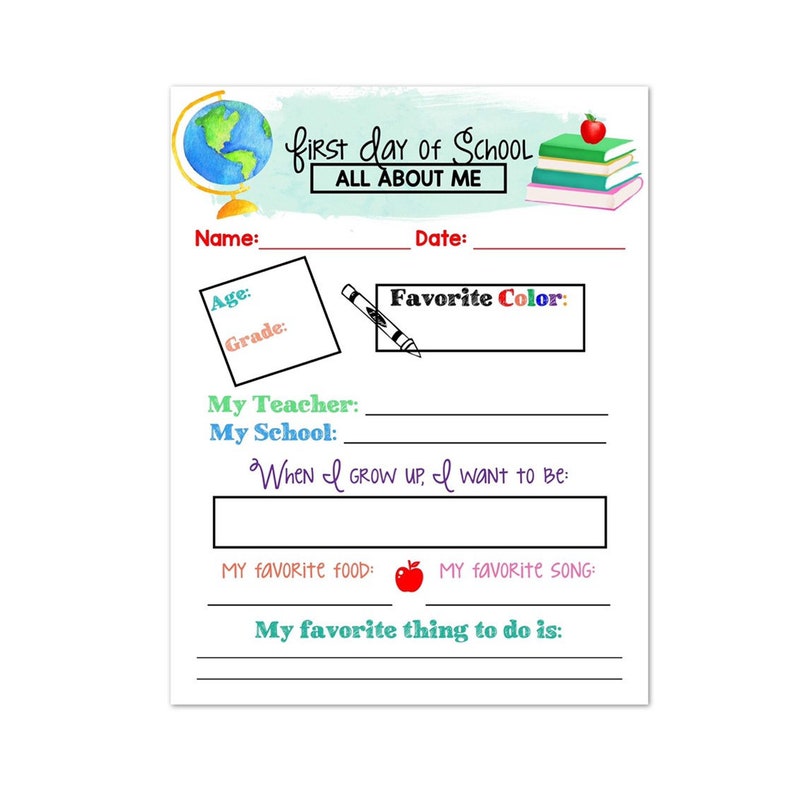 Colorful First Day of School About Me Worksheet - Teacher Printable ...