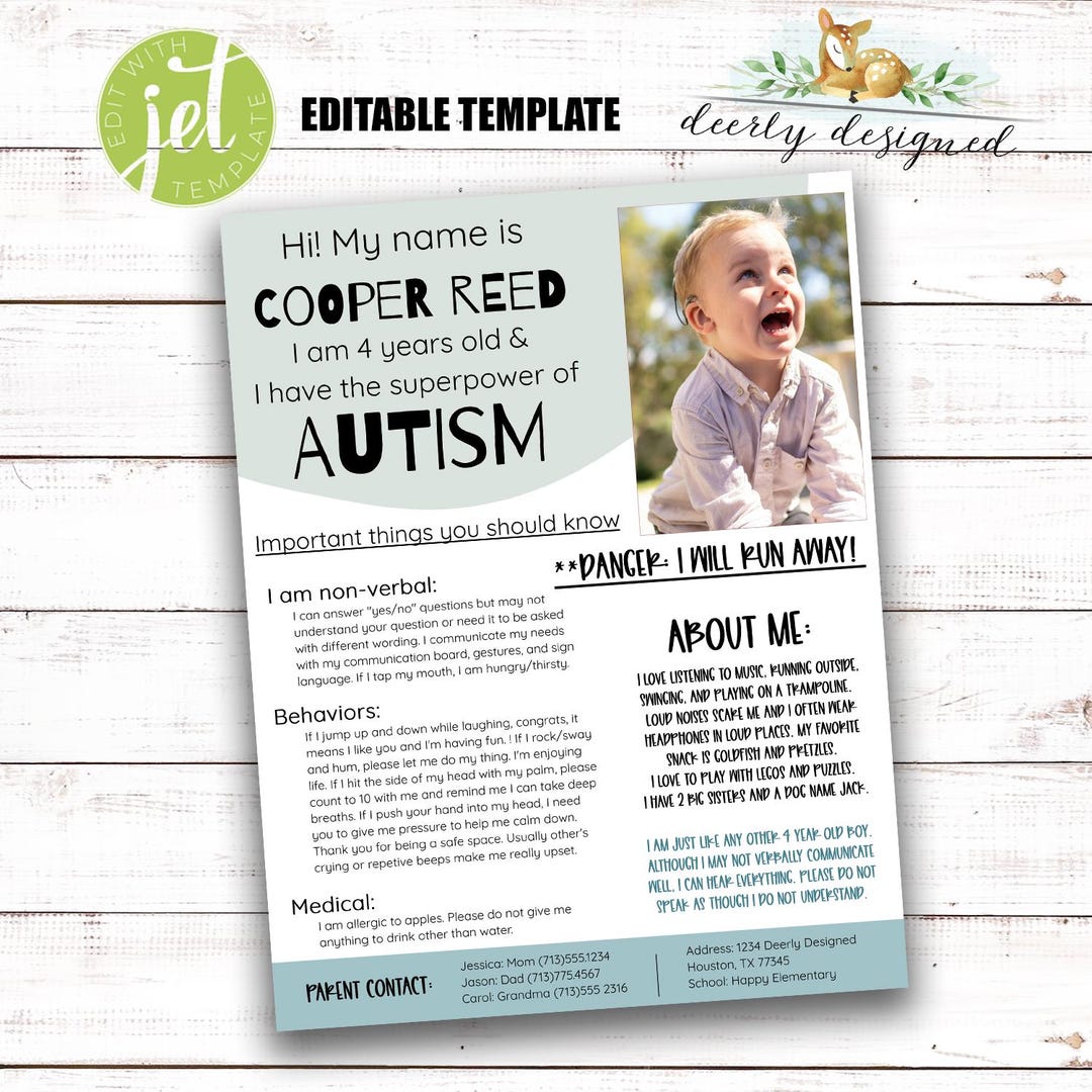 Autism Alert Editable Template - Autism Awareness - About My Child ...