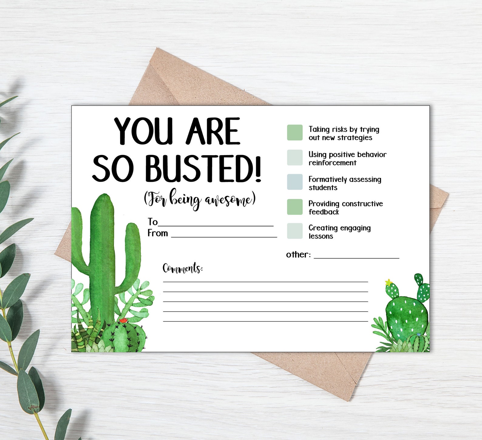 Cactus Teacher Feedback Card - Teacher Positive Affirmation - Teacher ...