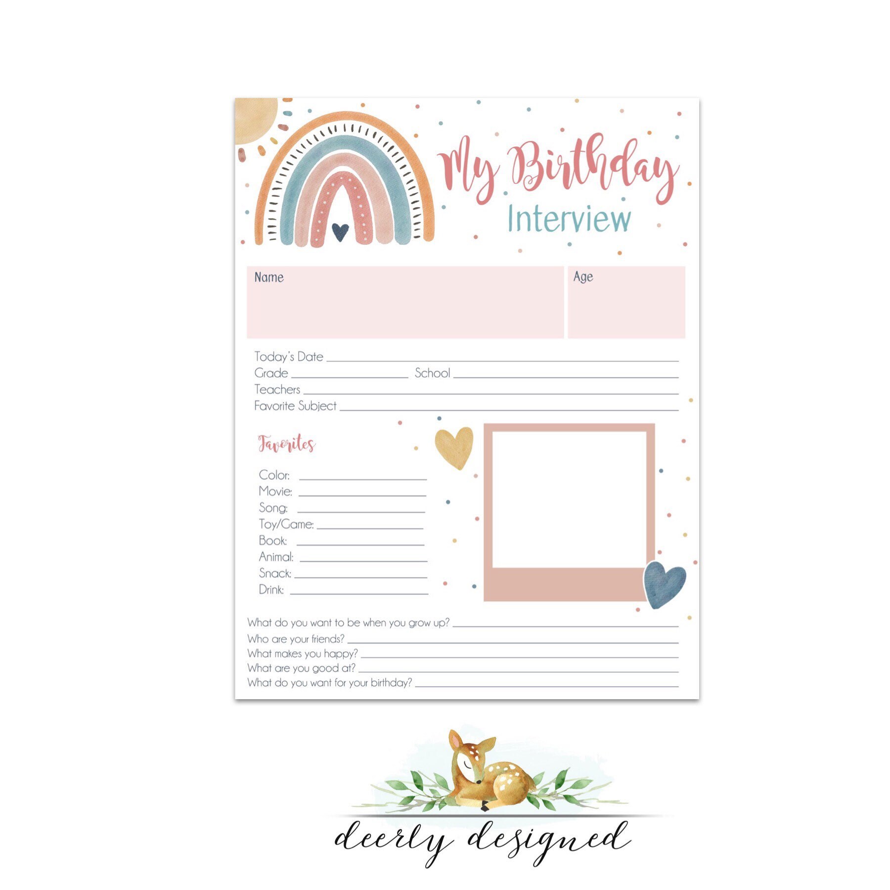 Rainbow Birthday Interview Questions Sheet - Birthday Questions- Girl's ...
