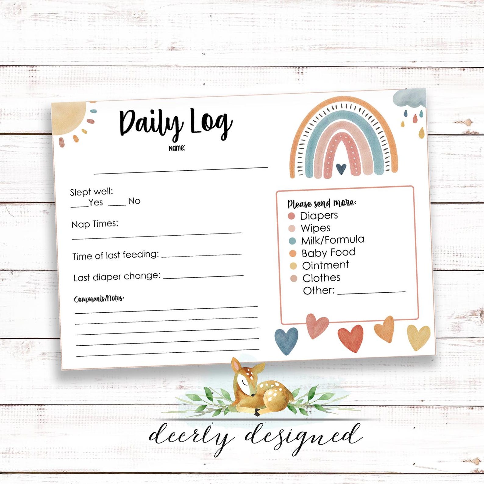 Daycare Daily Log Daycare Form - Boho Rainbow Log - Home Daycare ...