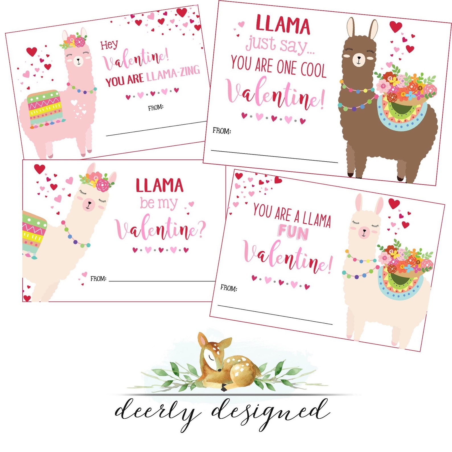 Pink and Red Llama Valentine Card Printables - Instant Download ...